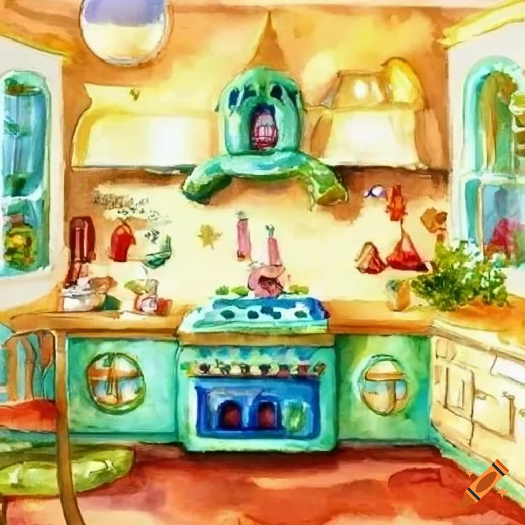Watercolor illustration of a fairy tale house kitchen on Craiyon