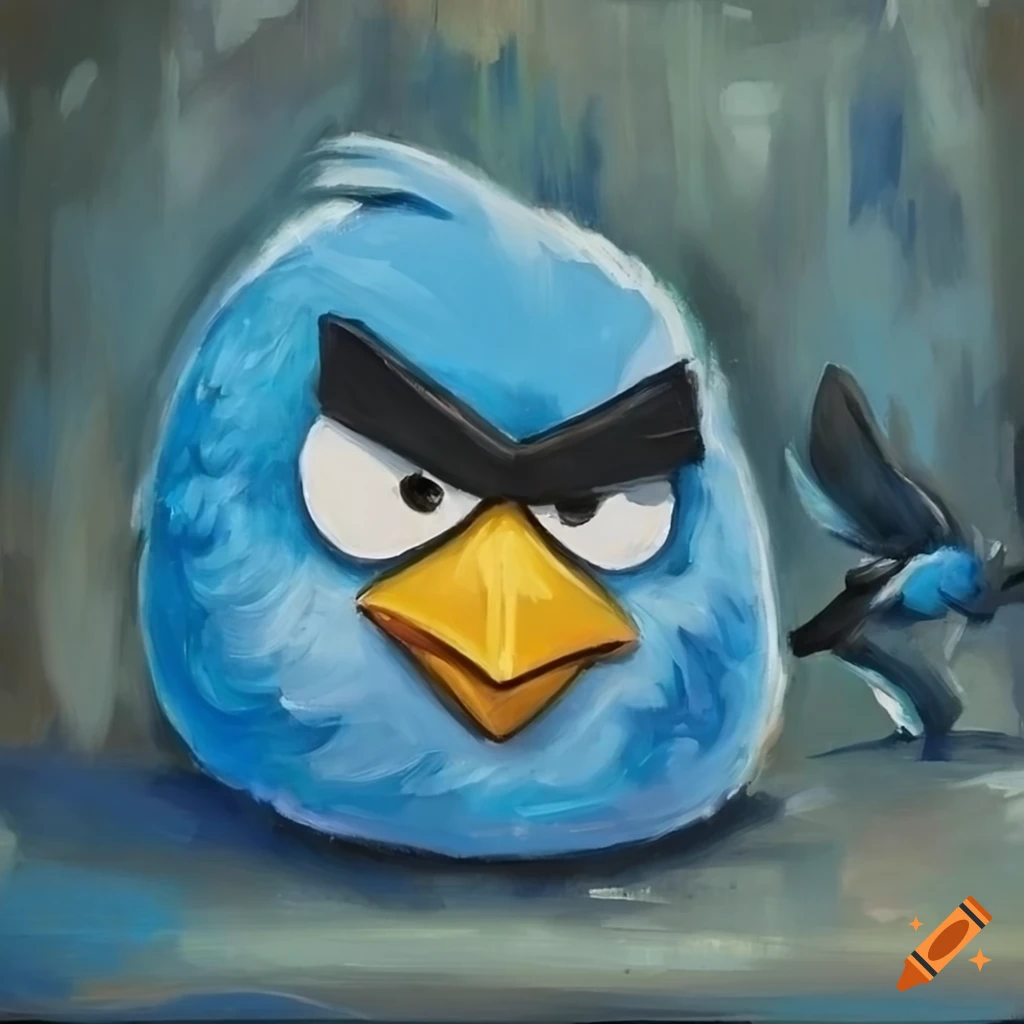 Three blue angry birds in an oil painting on Craiyon