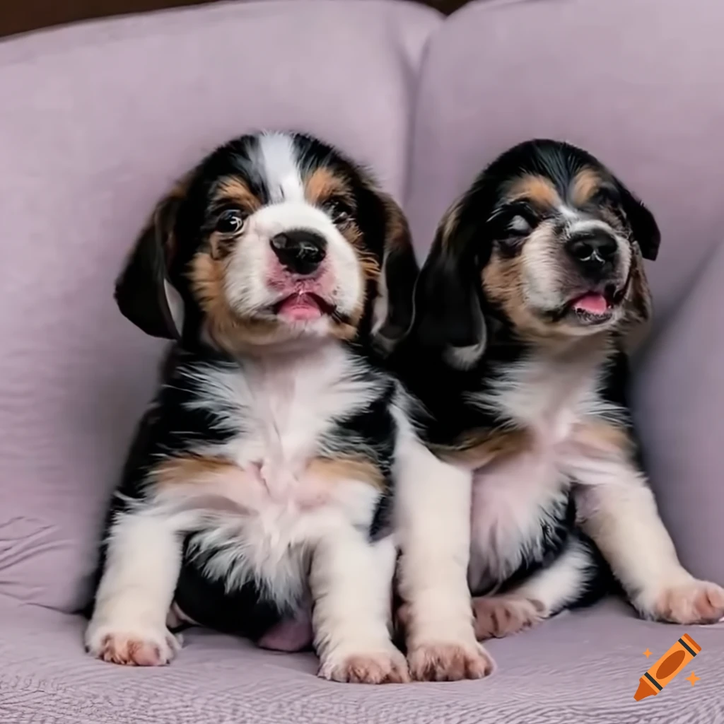 Adorable puppies sitting on a soft couch with curled tails on Craiyon