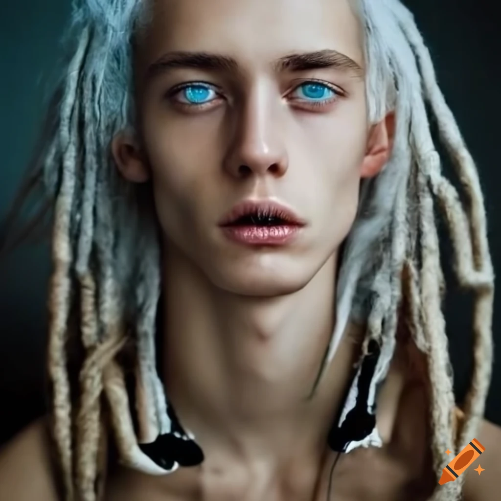 Portrait of a man with sharp features, blue eyes, and long white dreadlocks on Craiyon