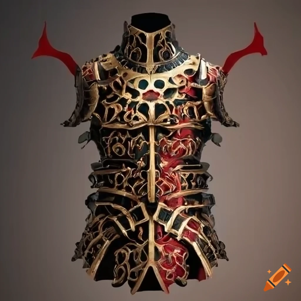Intricate black, gold, and red arm armor design on Craiyon