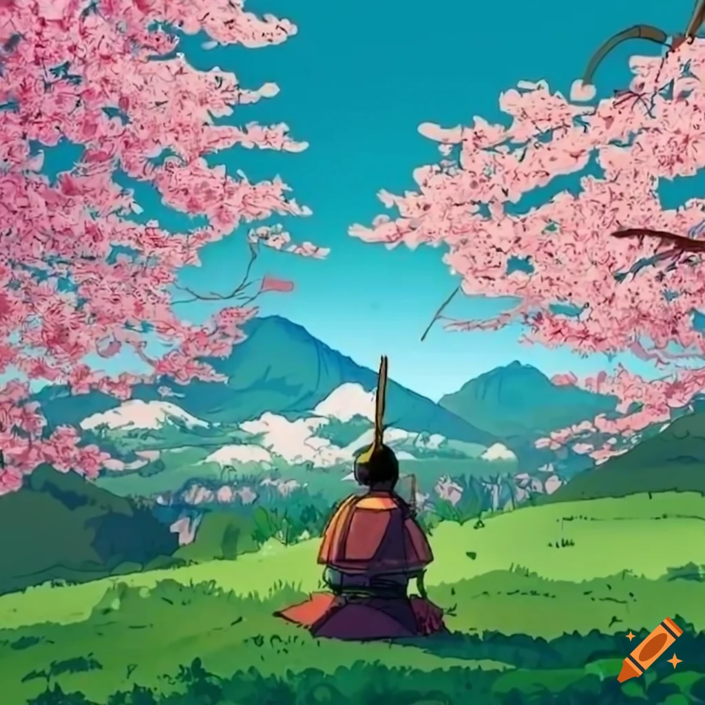 Samurai overlooking defeated army on battlefield with cherry blossoms ...