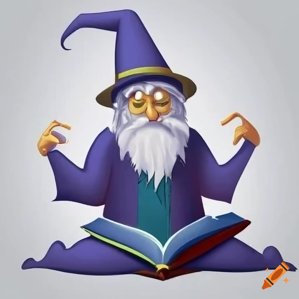 Cartoon wizard reading a book while sitting on the floor on Craiyon
