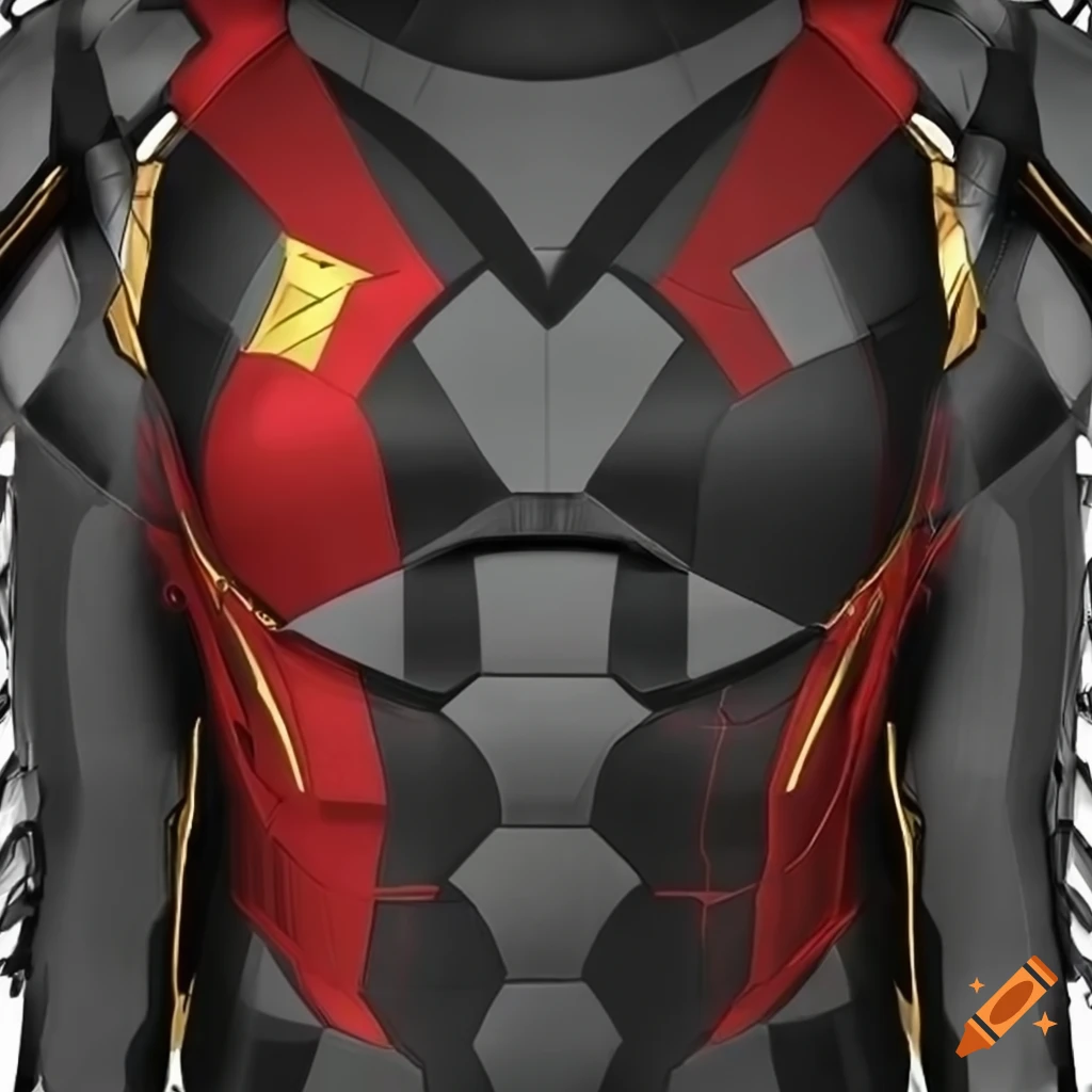Sleek and streamlined high-tech superhero suit with red, grey, and gold ...