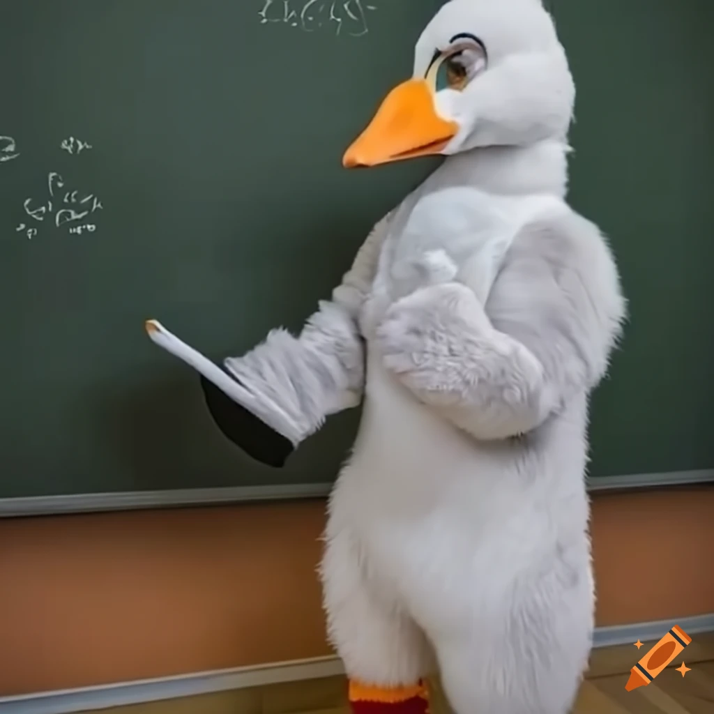 Female teacher in full body goose mascot fursuit in a classroom on Craiyon