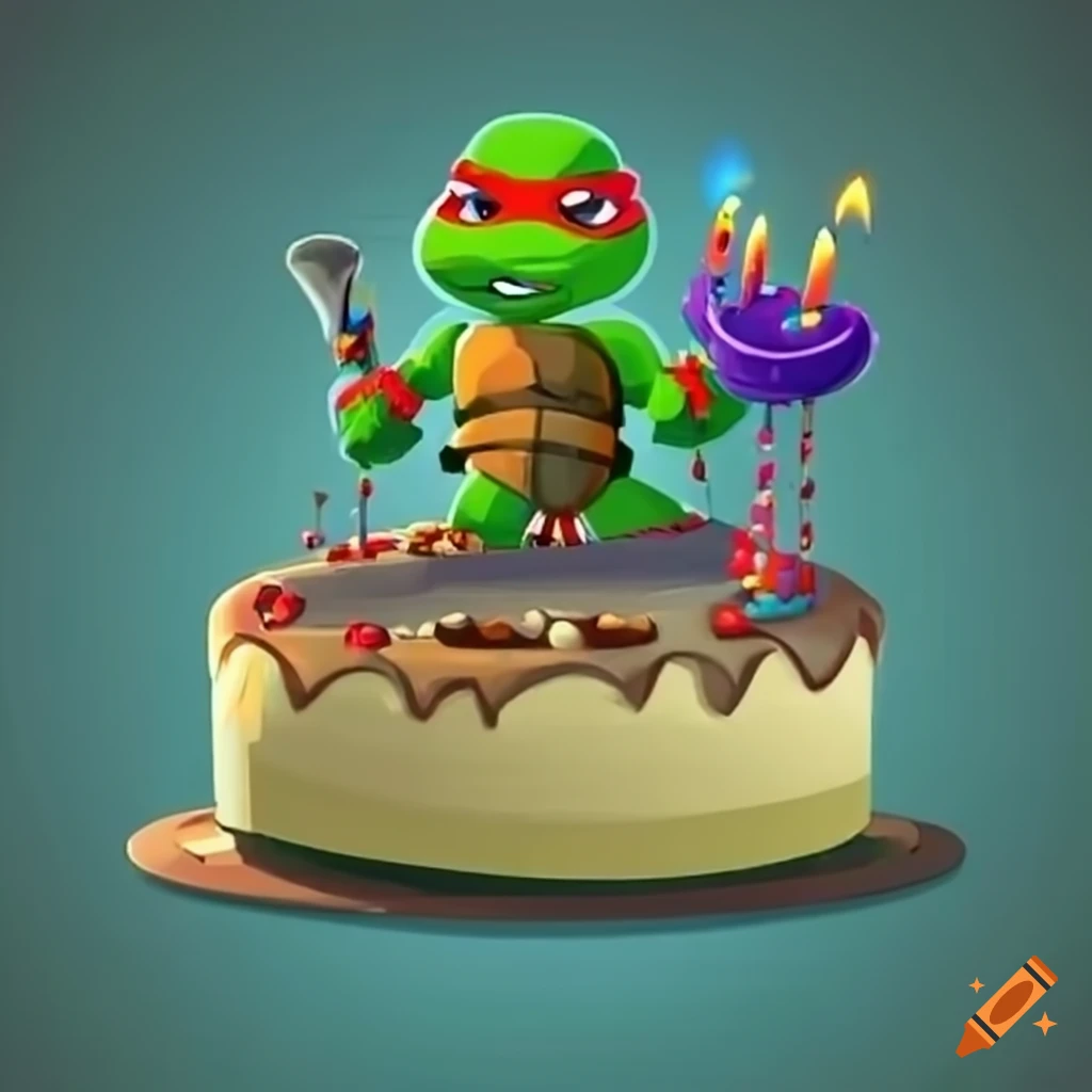 Cartoon ninja turtle with birthday cake and five candles on Craiyon