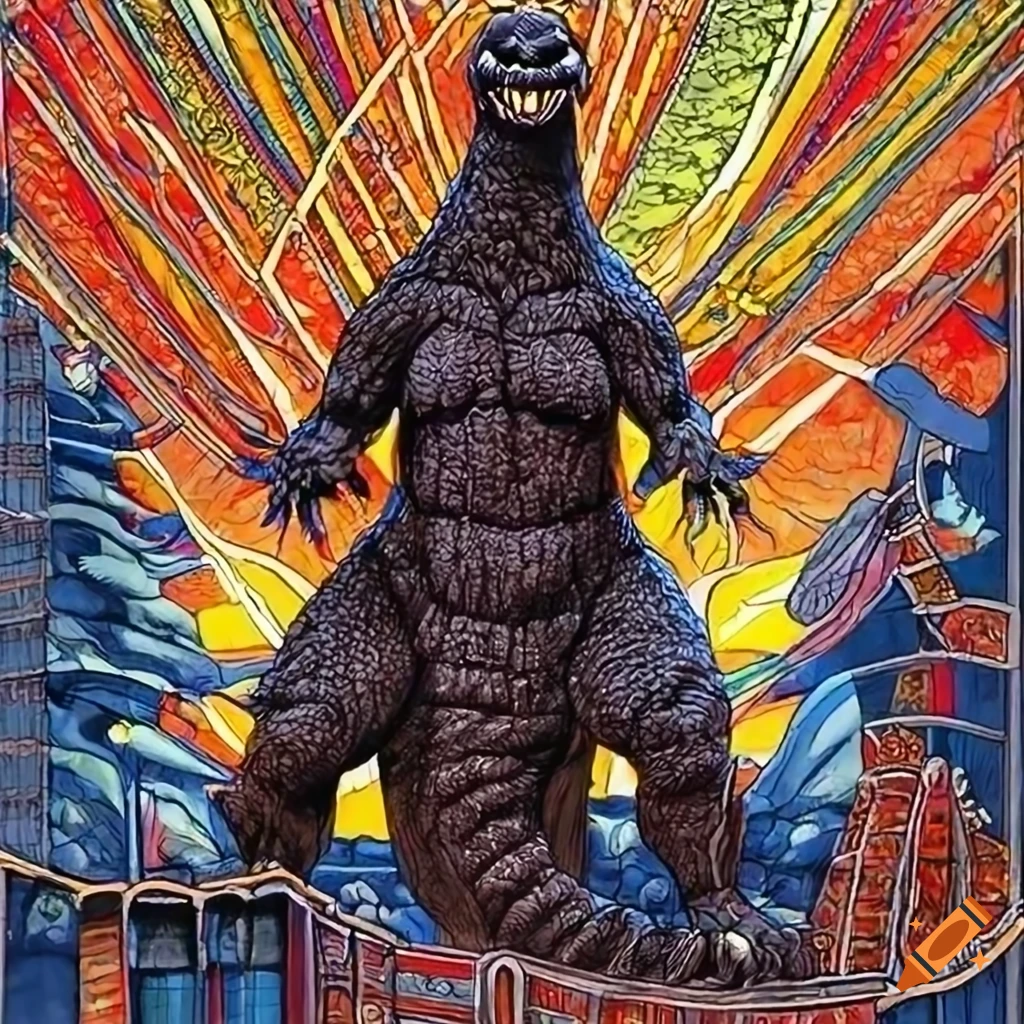 Stained glass godzilla with detailed curvy features, fantasy cover ...
