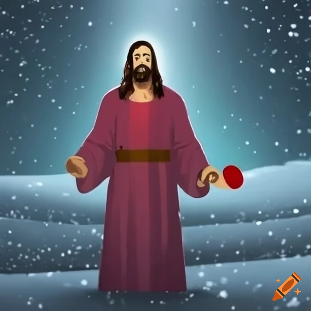 Satirical depiction of Jesus as a ping-pong player in the snow on Craiyon