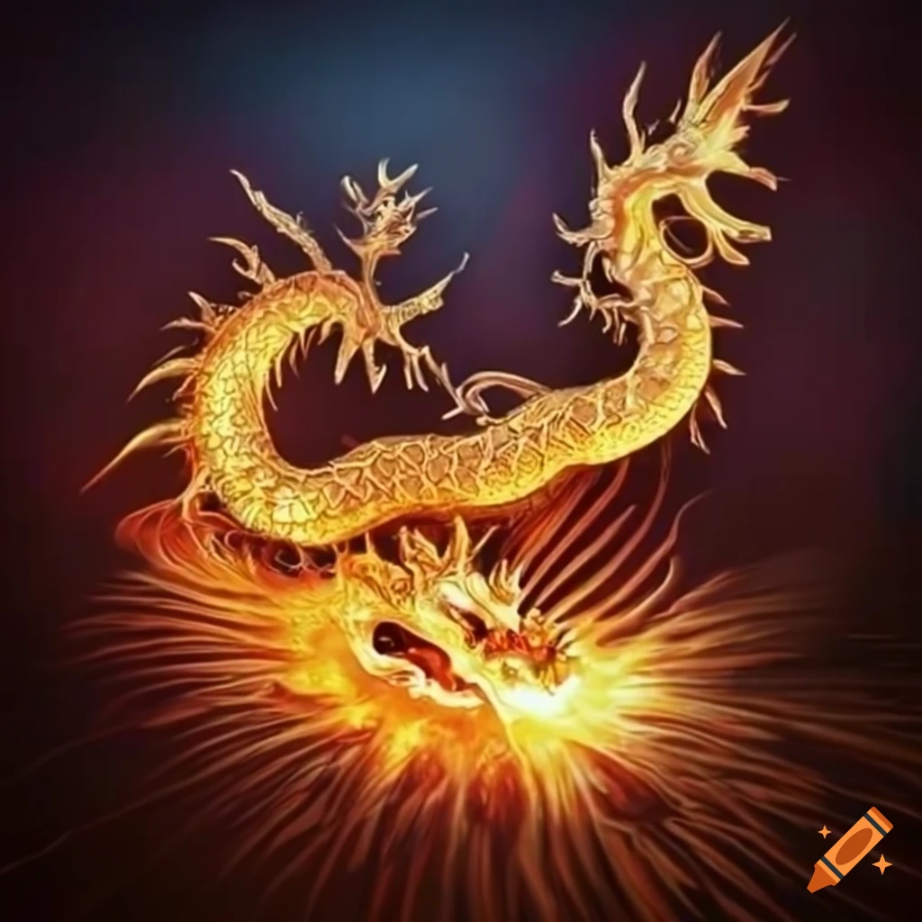 Chinese dragon made from a flaming gold star like the surface of the ...