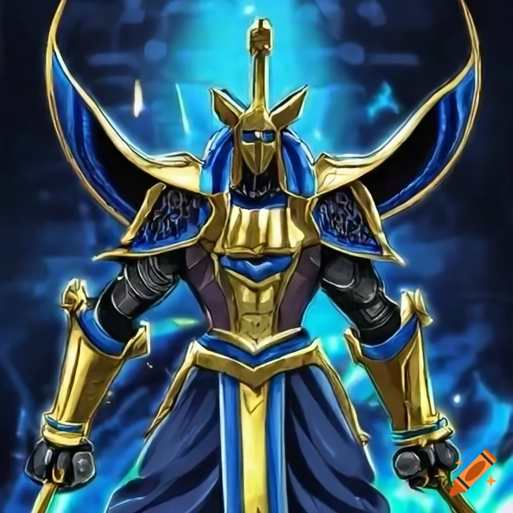 Detailed egyptian pharaoh in gold and blue knight armor in yugioh card ...