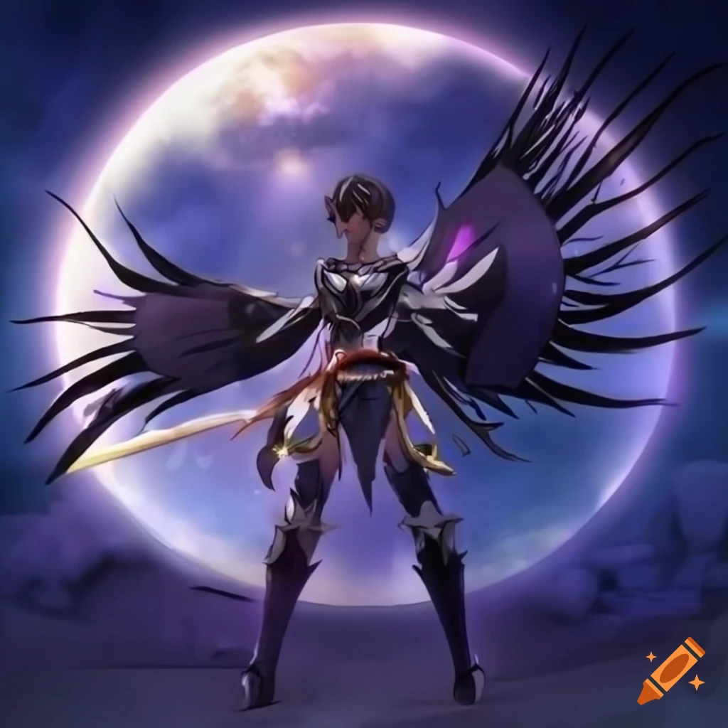 Angelic knight in action pose under the moonlight in anime style on Craiyon