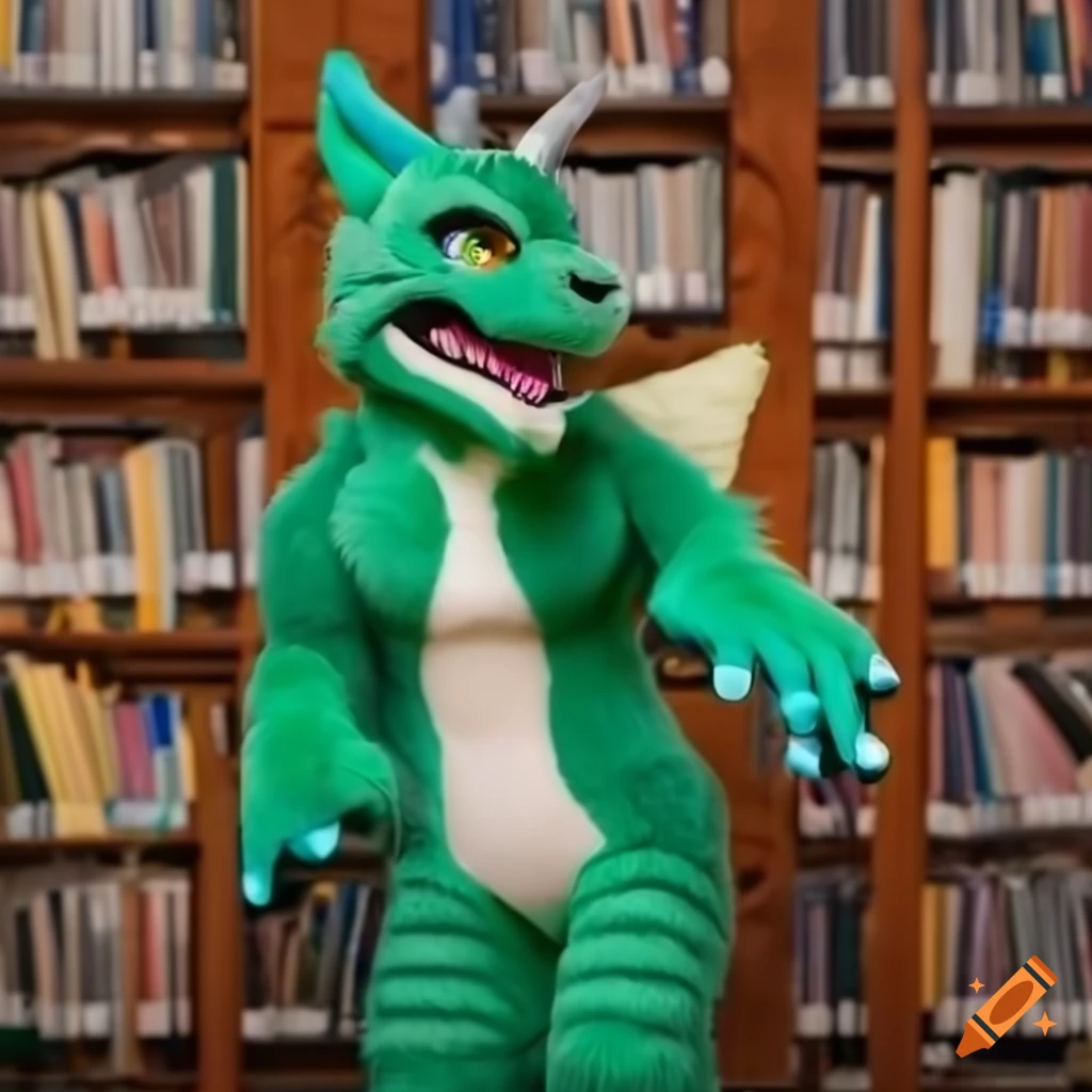 Female librarian and green anthro dragon with wings in library on Craiyon