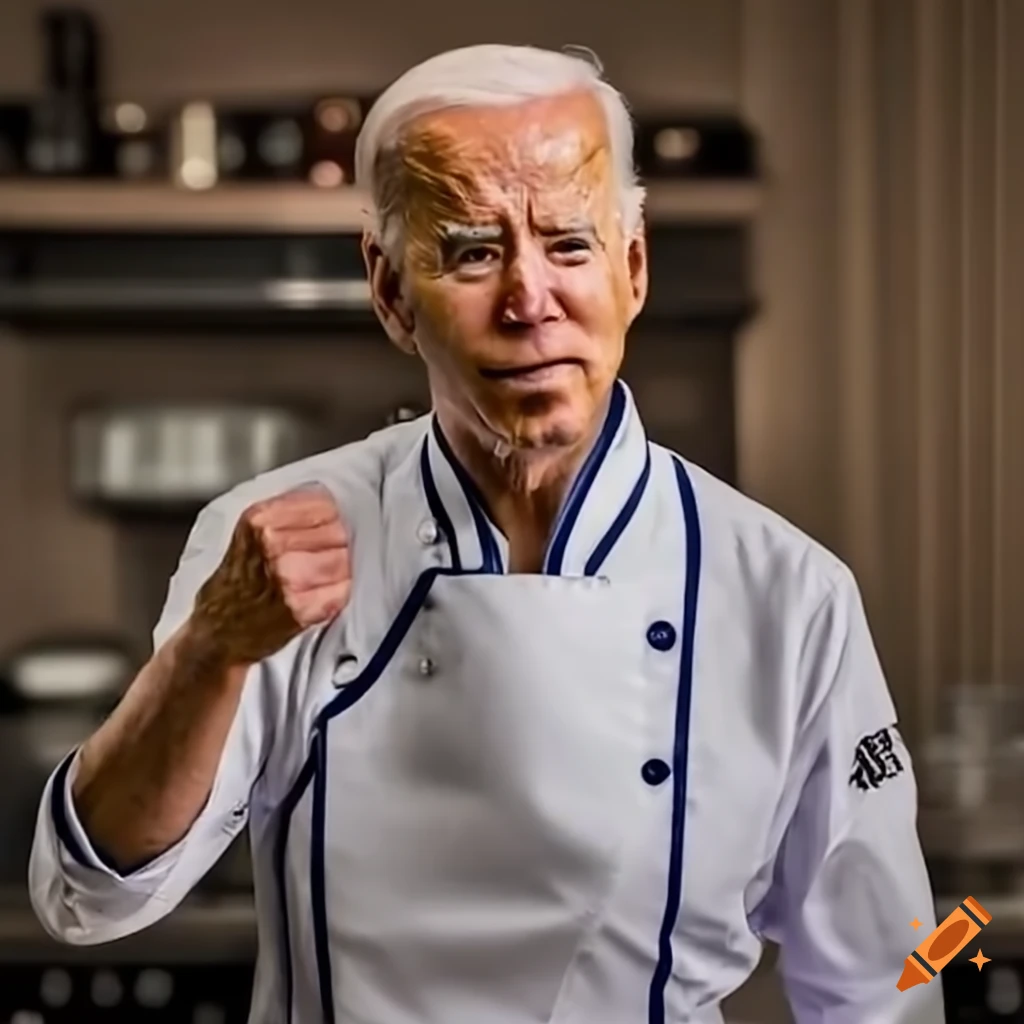 US President in a chef uniform attempting to cook in a kitchen on Craiyon