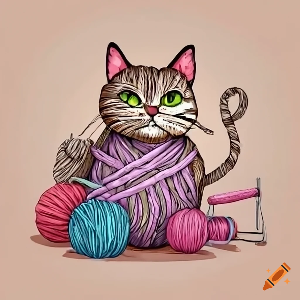Cat knitting with yarn and equipment on Craiyon