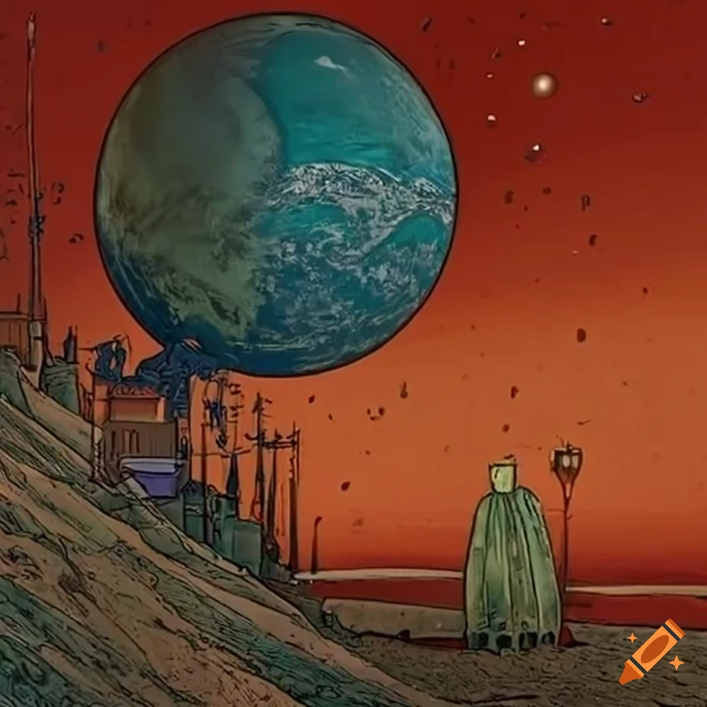 Surreal street scene in a weird planet by Moebius on Craiyon