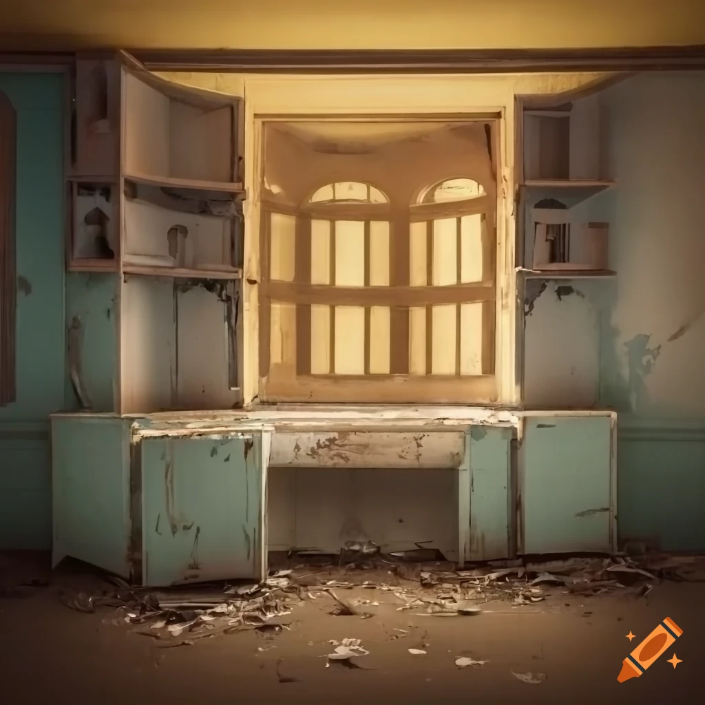 Abandoned flooded storage room with built-in cabinets and peeling ...