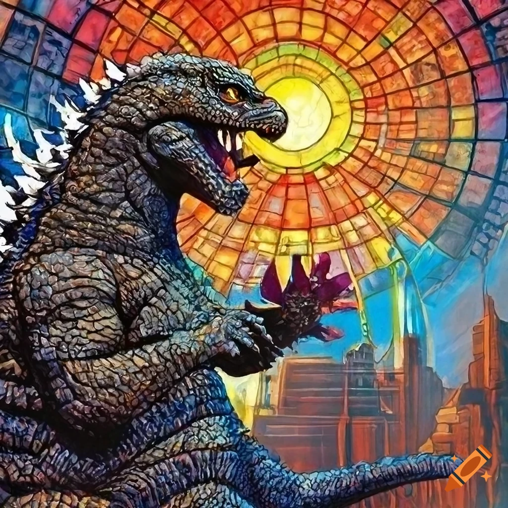 Stained glass depiction of godzilla, fantasy cover novel poster by ...