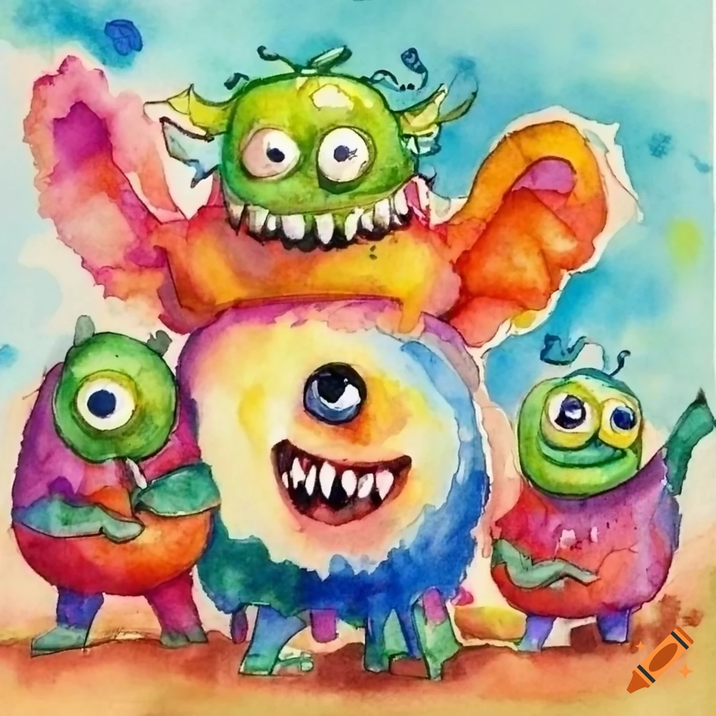 Watercolor doodle of monsters on Craiyon