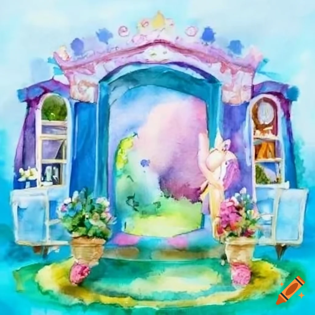Watercolor illustration of a fairy tale living room on Craiyon