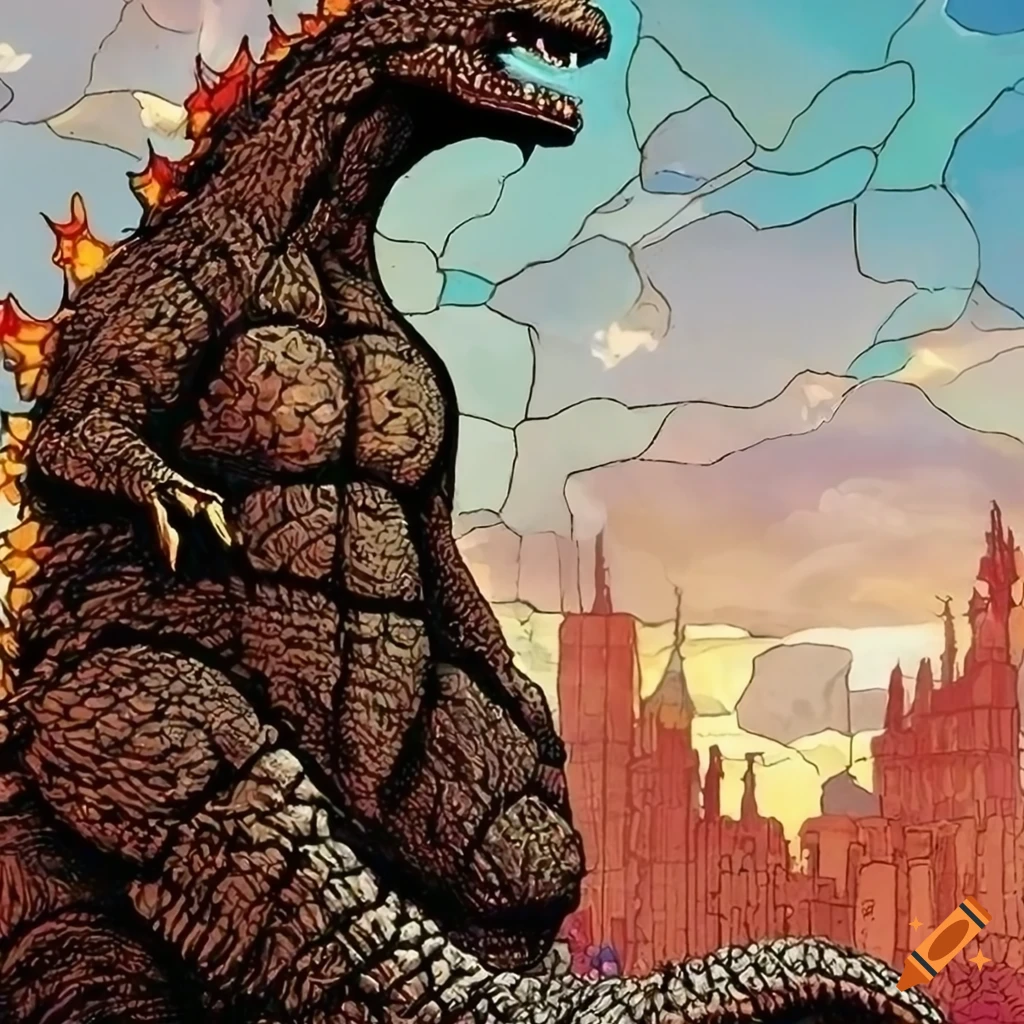 Stained glass depiction of godzilla in a fantasy setting by james ...