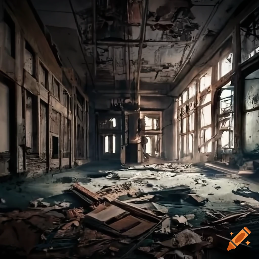 Abandoned and destroyed factory room on Craiyon