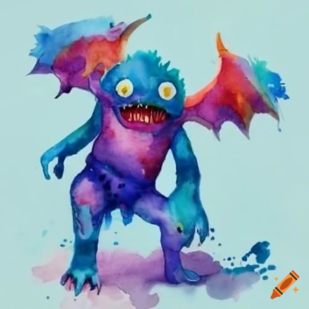 Colorful watercolor monsters artwork on Craiyon