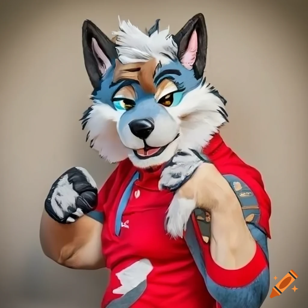 Handsome muscular anthro fursona wolf in a red shirt on Craiyon