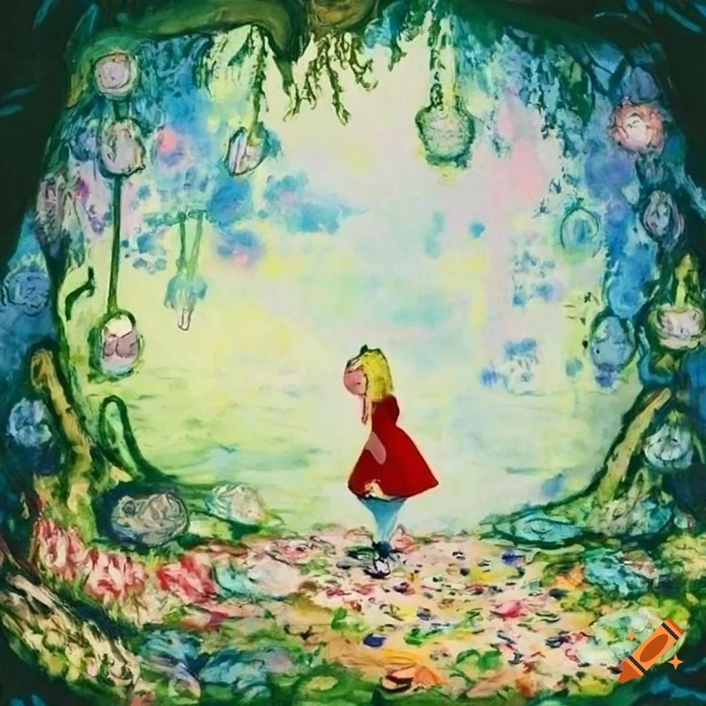 Art illustration of alice in wonderland going down the rabbit hole in monet style on Craiyon