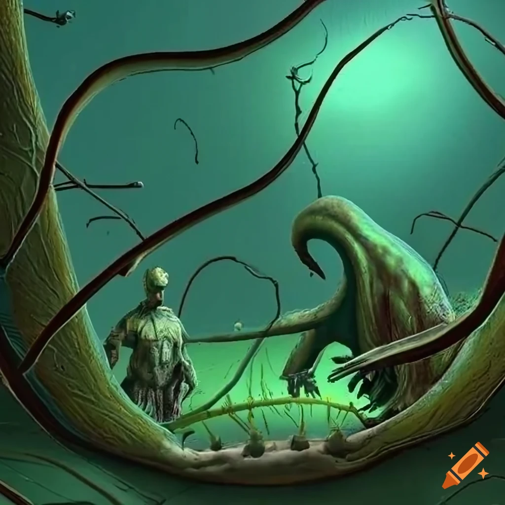 Adventurer captured by otherworldly creature in a mysterious pod ...