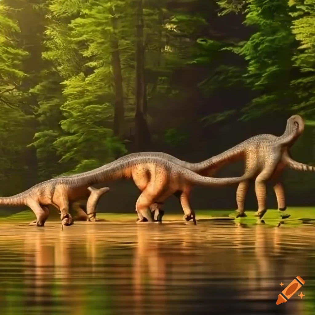 Herd of Hadrosaurus dinosaurs along a muddy lake bank in warm morning ...