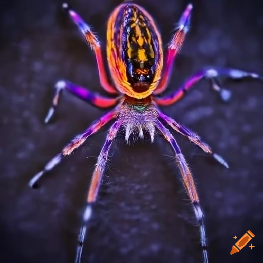 Vibrantly colored surreal spider on a gray surface on Craiyon