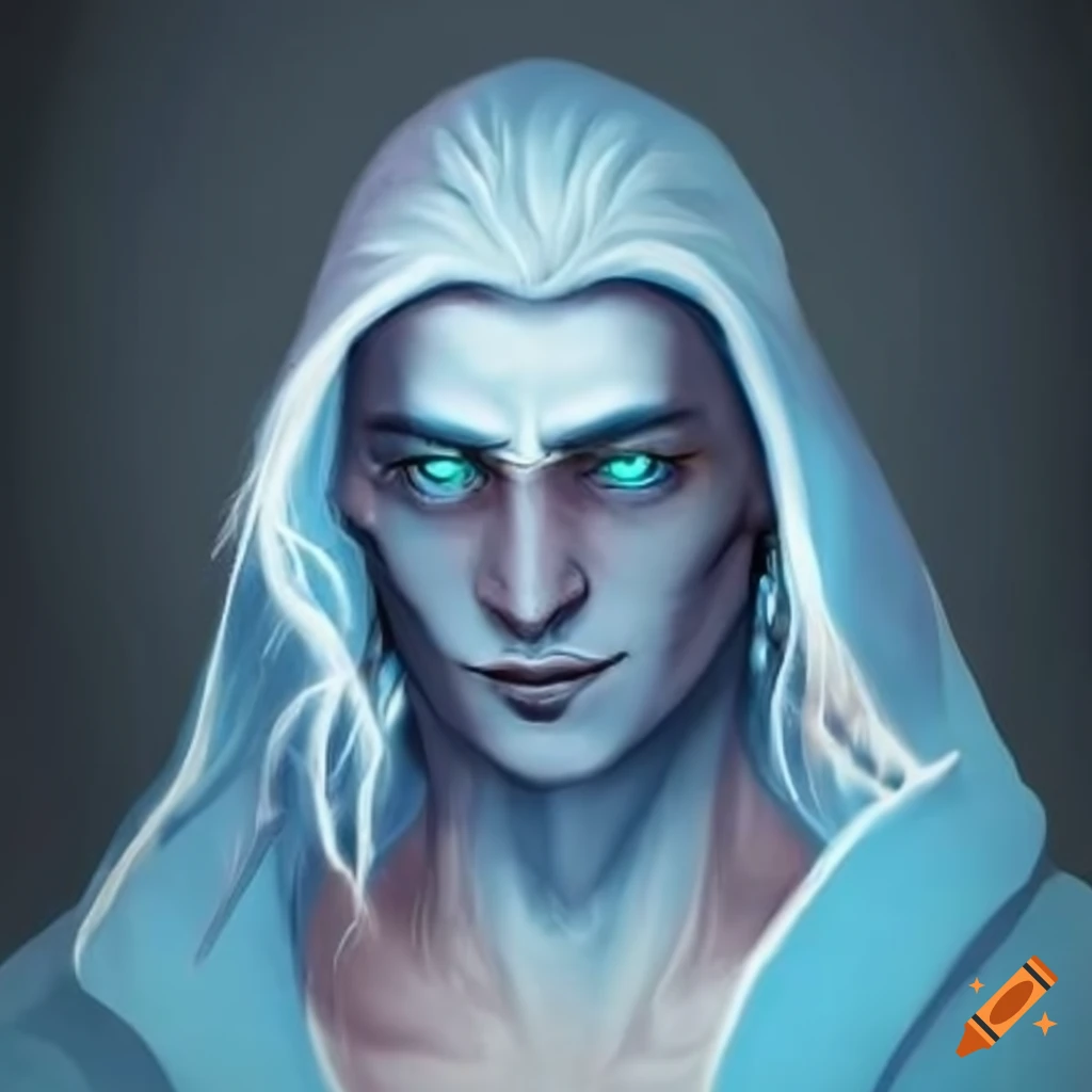 Male air genasi with light blue skin and white braided ponytail in monk ...