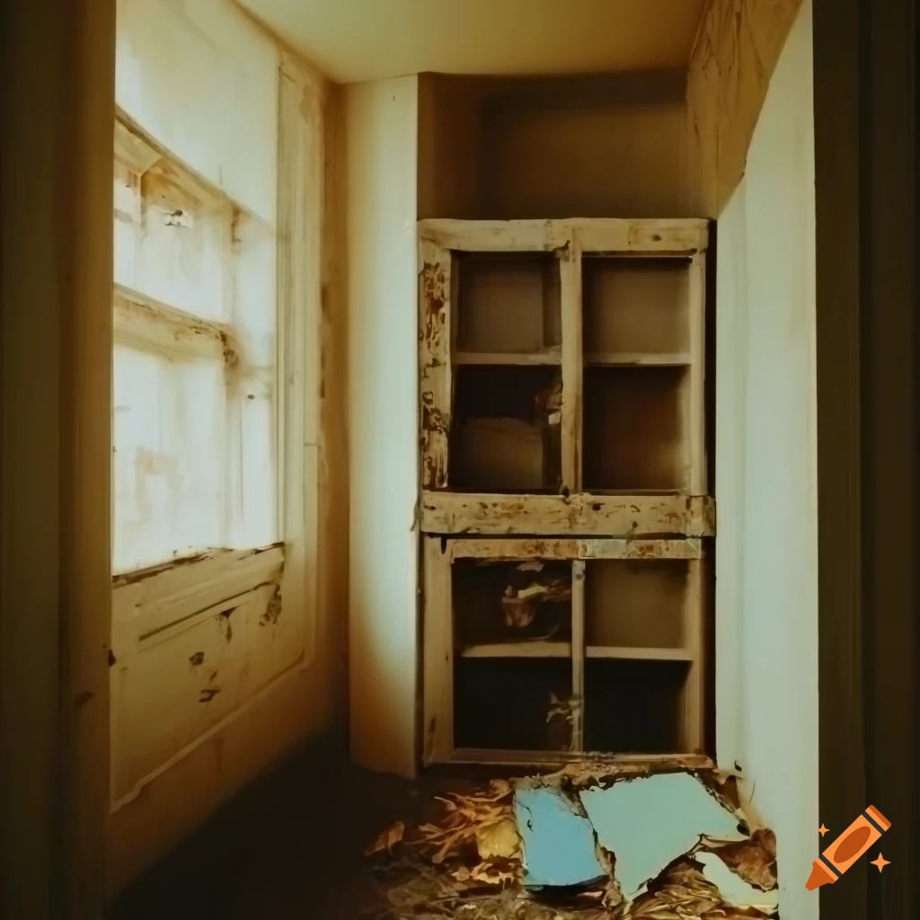 Abandoned flooded storage room with built-in cabinets and narrow ...