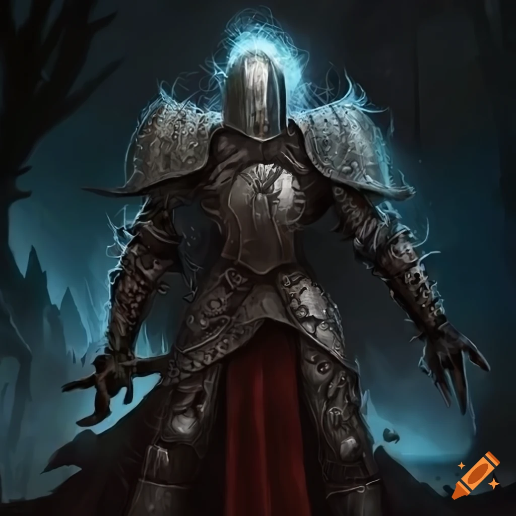 Traditional knight facing eldritch horror in a void black setting on ...