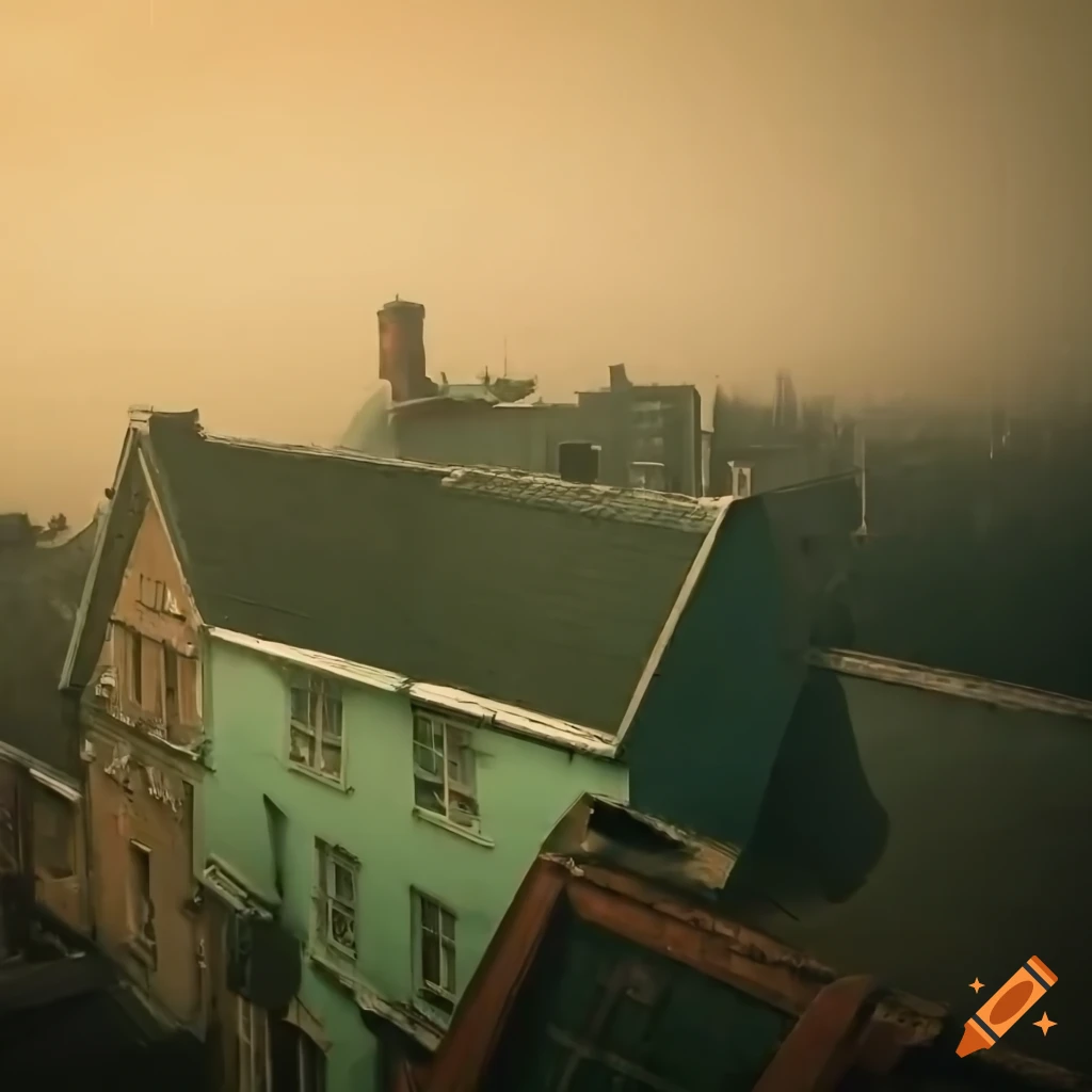 Close up of abandoned Victorian rooftops by the golden ocean in thick ...