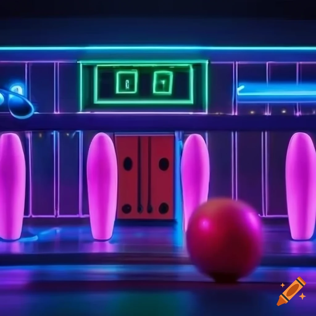 Exterior neon light house for bowling game room with big bowling pins ...