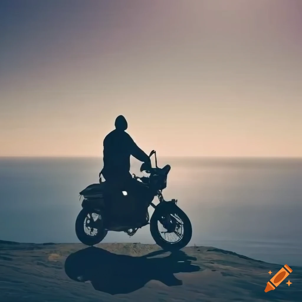Man on motorcycle riding along a cliffside road overlooking the ocean ...