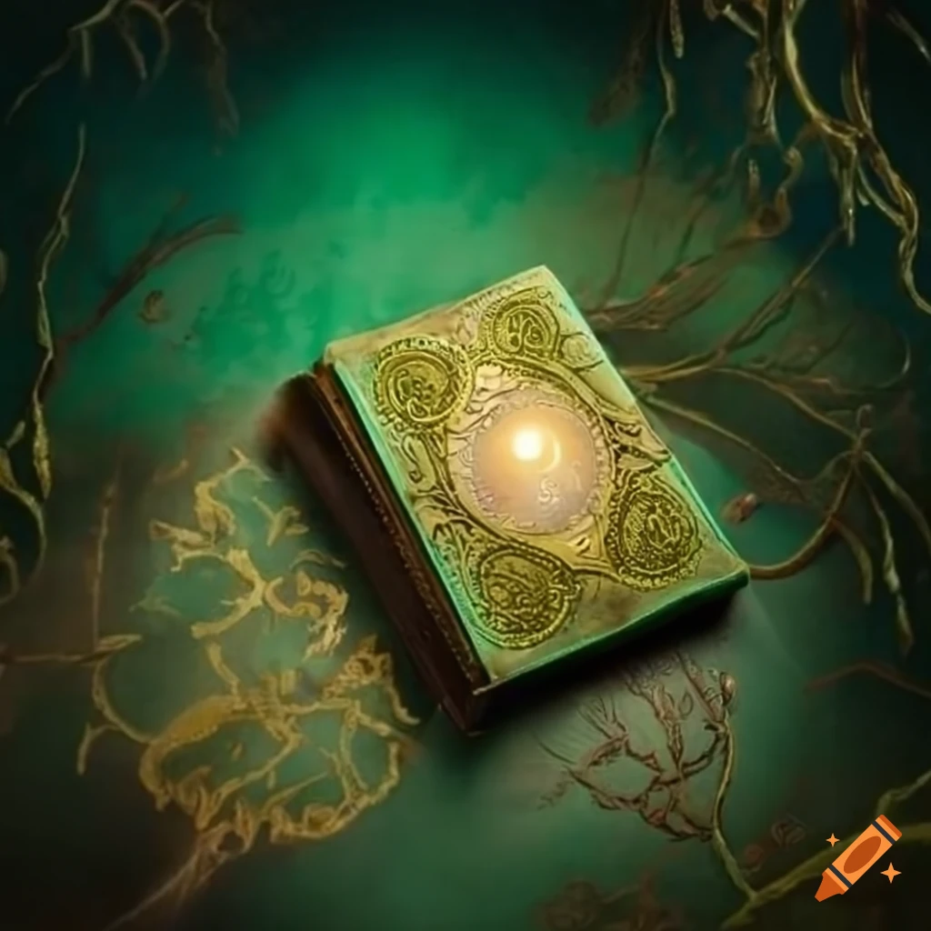 Green leather spellbook with golden vines and a glowing white gem on ...
