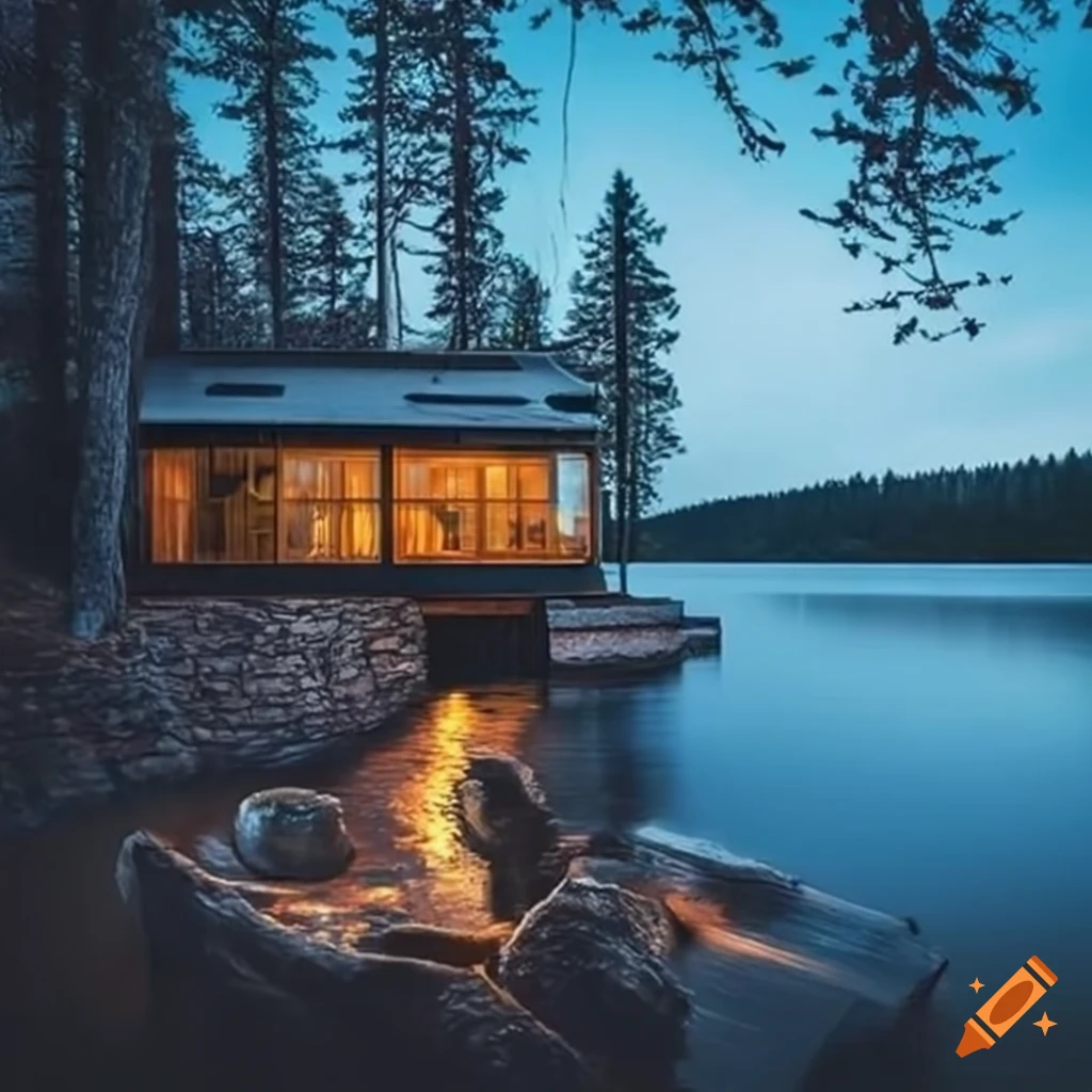 Interior of a luxury cabin by a lake in the woods on Craiyon