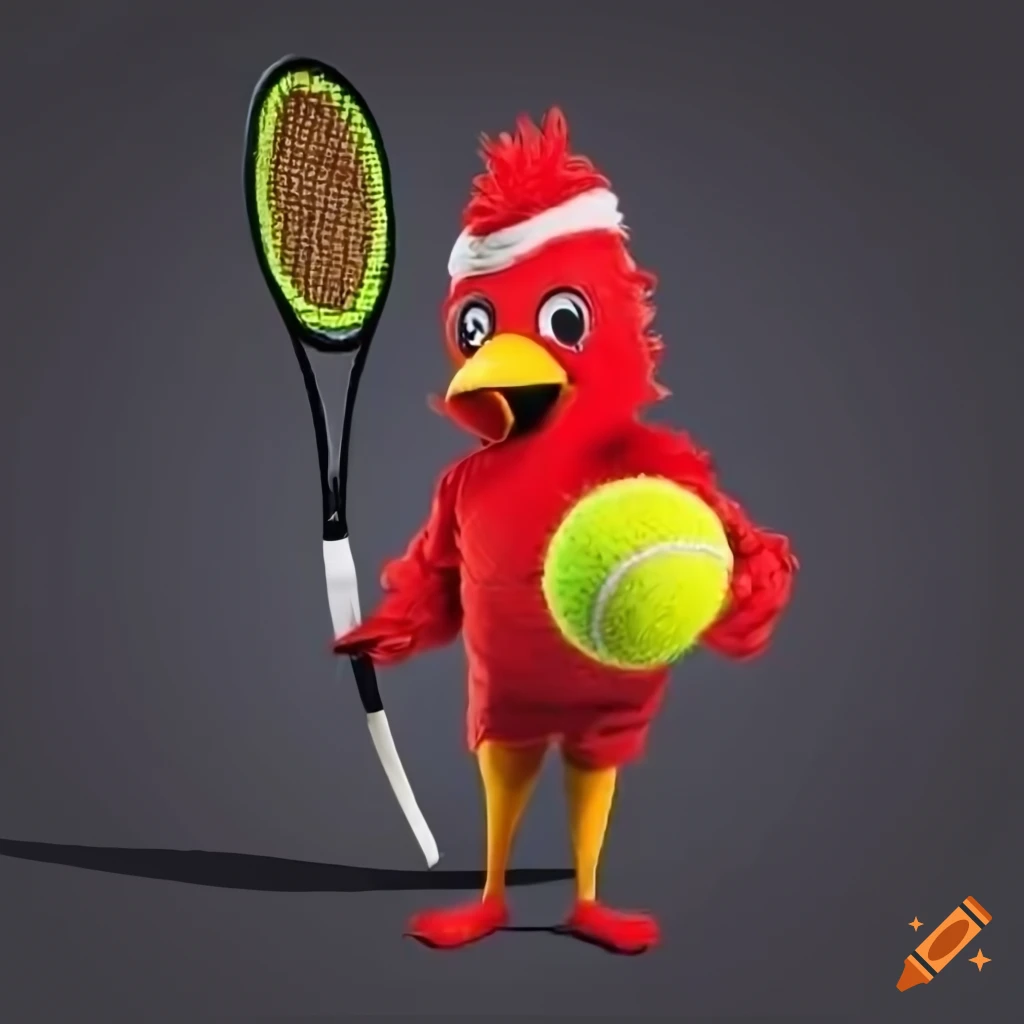 Person in red bird mascot outfit with tennis balls and rackets in the ...