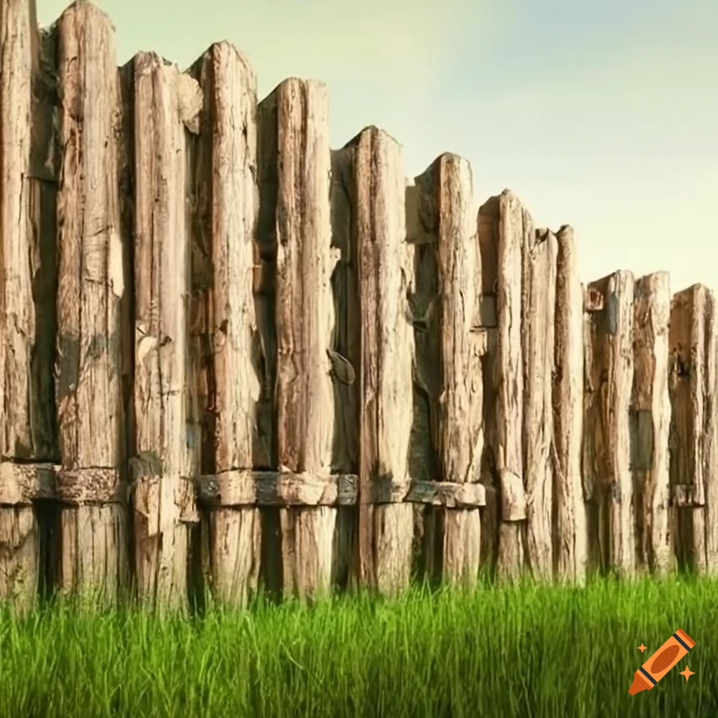 Reinforced palisade log wall with grass on the ground on Craiyon