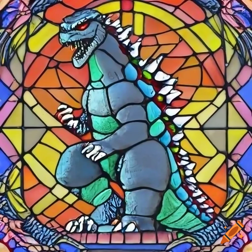 Stained glass depiction of saint godzilla on Craiyon