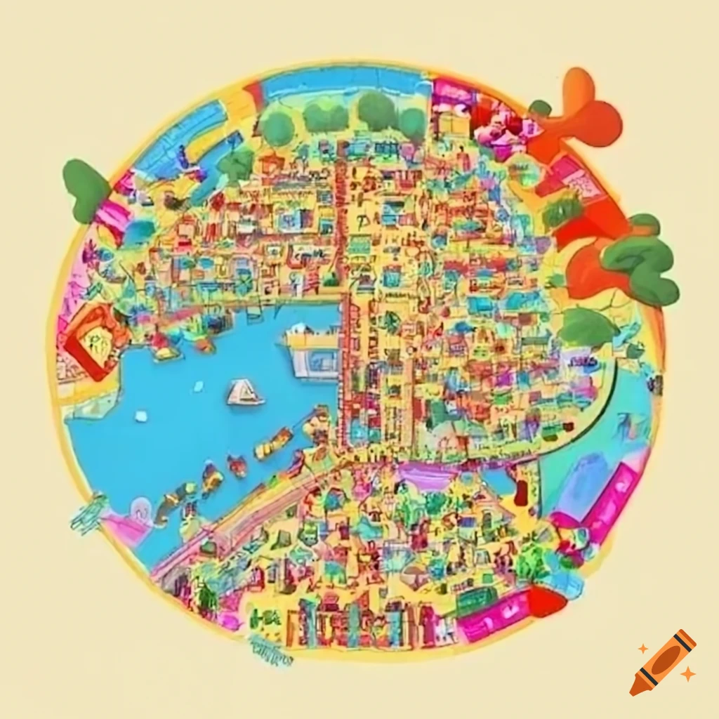 Colorful and clear map of a town with labeled buildings for language ...