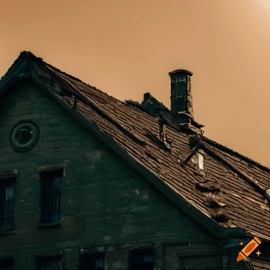 Close up of abandoned victorian rooftops sinking into golden ocean with ...