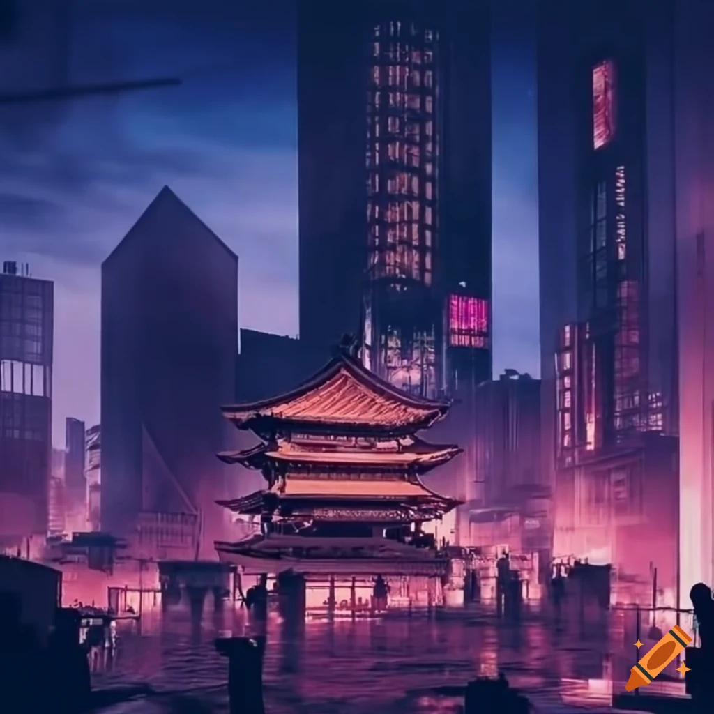 Crowded cyberpunk harbor with brutalist and oriental Japanese ...