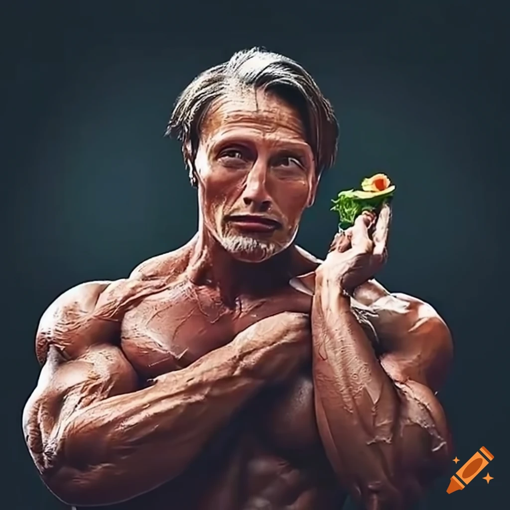 Mads mikkelsen bodybuilder eating a salad on Craiyon