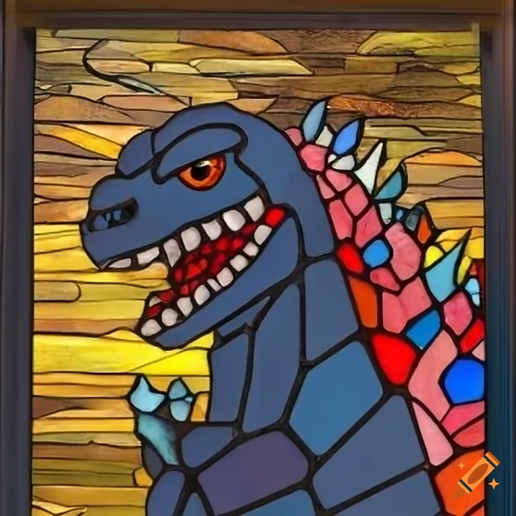 Stained glass artwork of Saint Godzilla on Craiyon