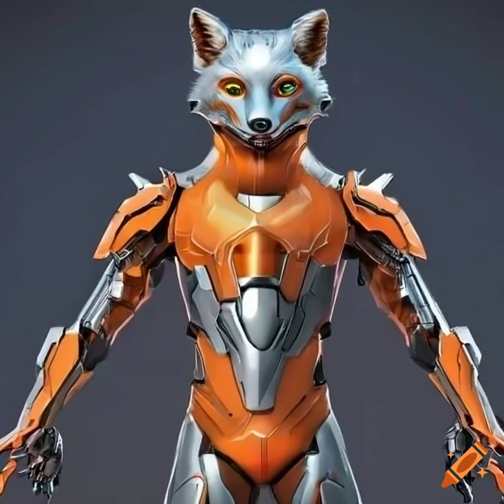 Humanoid fox in futuristic silver and orange armor on Craiyon