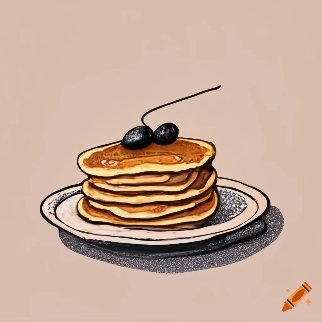 Black and white drawing of crispy-edged pancake on a plate on Craiyon