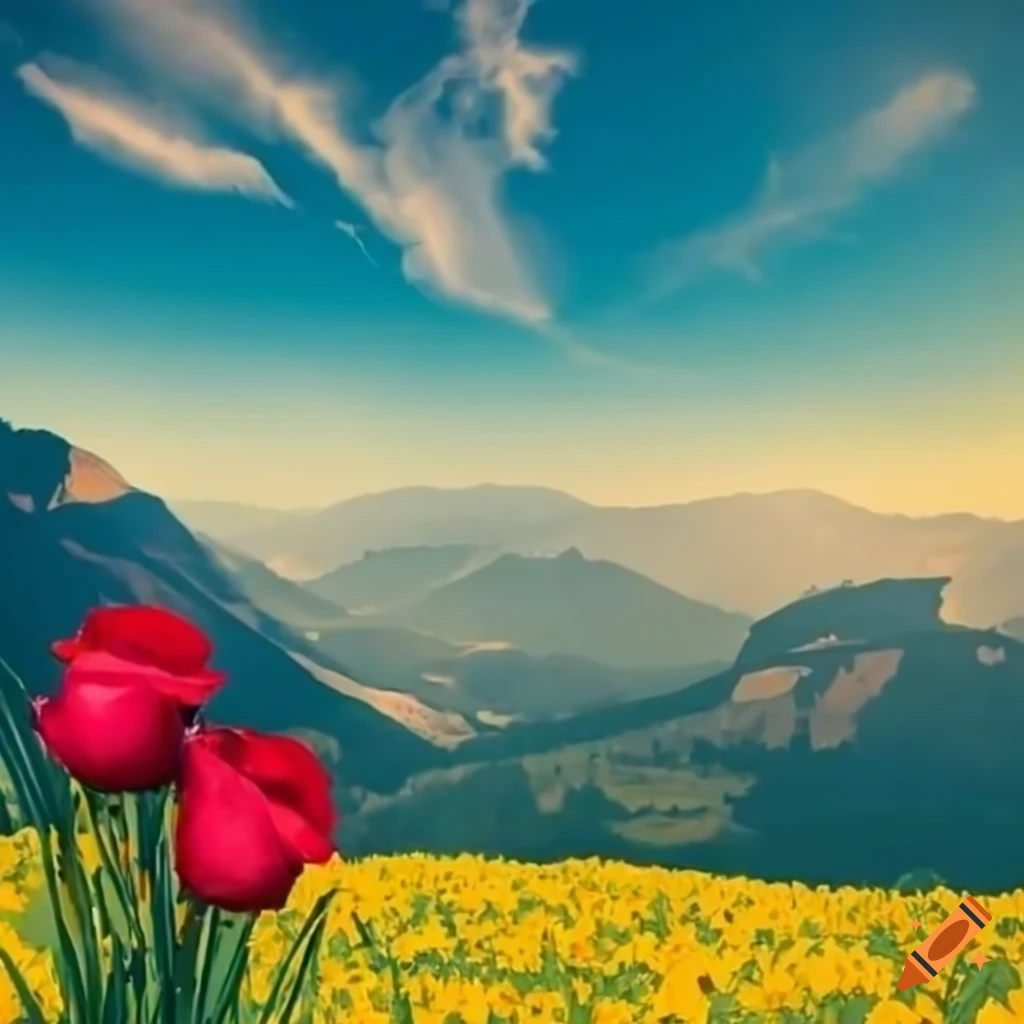 Romantic bunch of red roses and daffodils in mountain panorama on Craiyon
